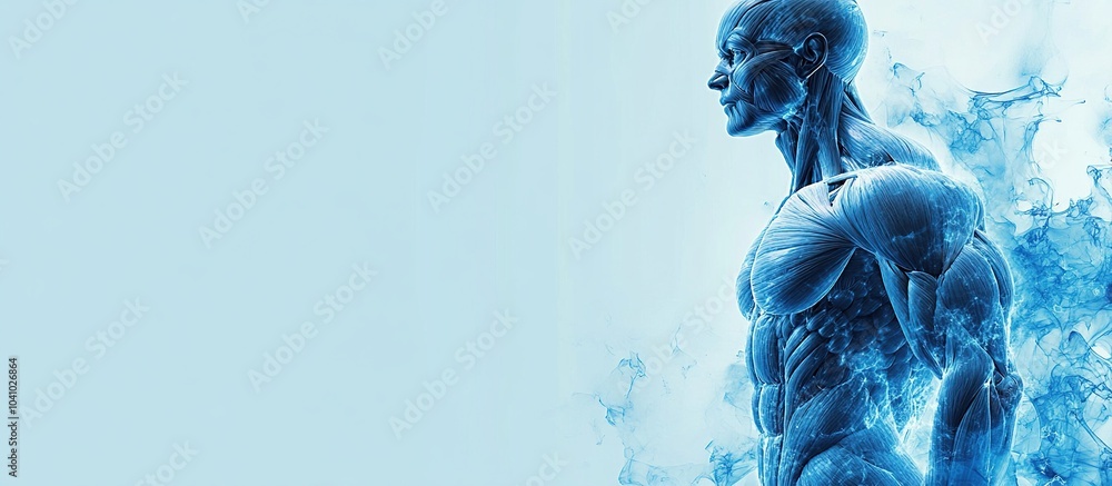 Anatomy of a Man in Blue Haze. Background blue human muscle with copy ...