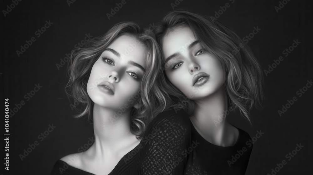 Black and white photo of two beautiful sisters or twins with medium ...