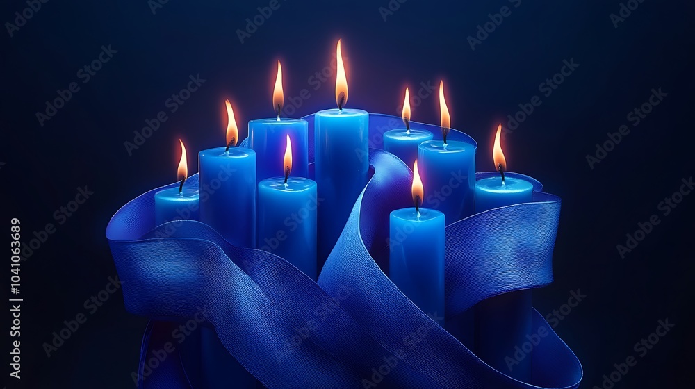 A digital art piece depicting blue candles in the shape of a ribbon ...