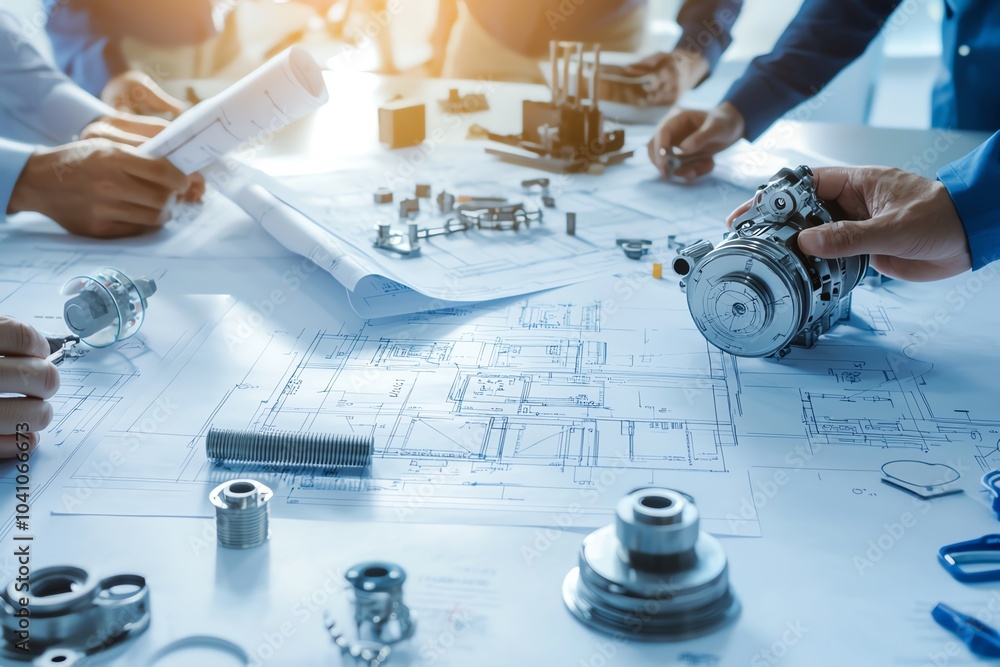 Engineers collaborate on mechanical project with blueprints and ...