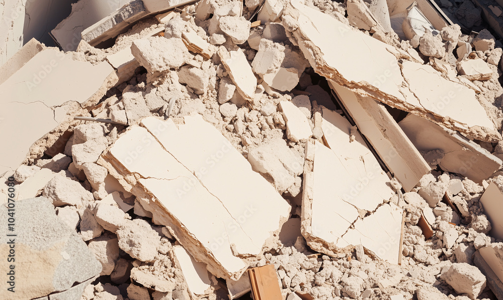 Crumbled up concrete after a demolition project; industrial background ...