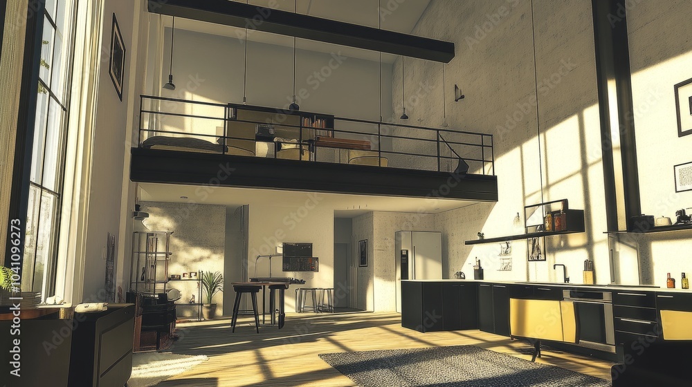 Airy living space with tall ceilings and elegant design elements. A ...