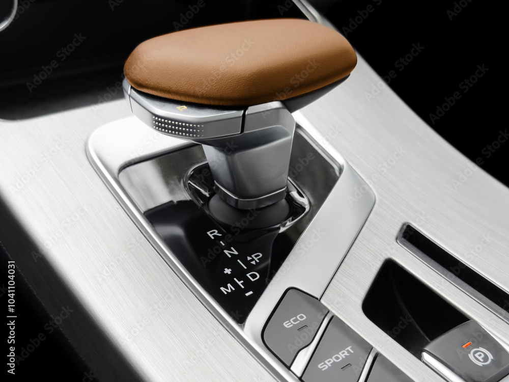 Automatic gear stick of a modern car. Modern car interior details ...