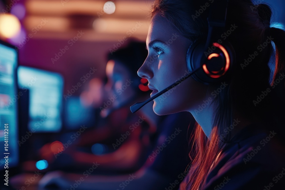 Young woman gamer wearing headphones in a dimly lit room looking ...