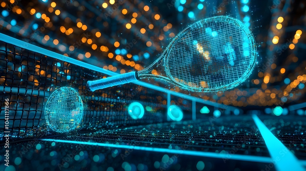Futuristic Tennis Match with Holographic Rackets Glowing in Mid swing A ...