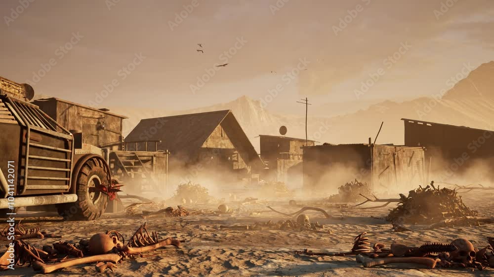Dystopian post apocalyptic village in a desert arid environment with ...