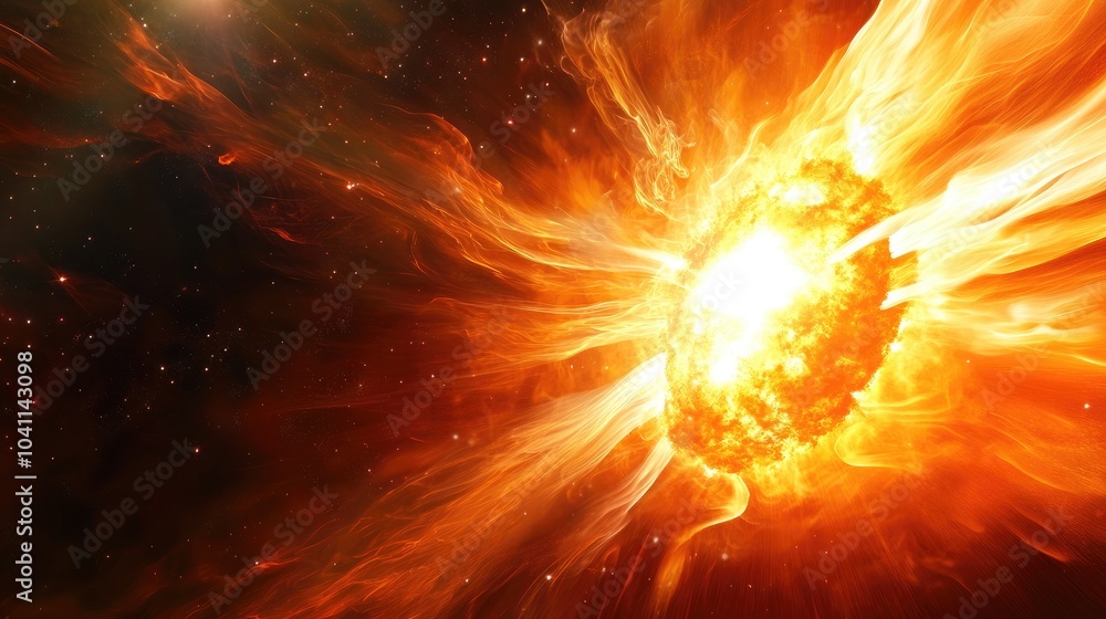 Bright sun emits plasma and flares in space depicted in a 3D cartoon ...