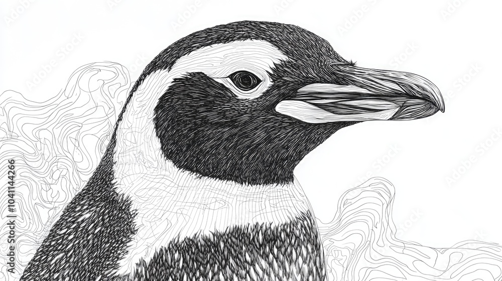 Black and white line art illustration of a penguin drawn with linear ...