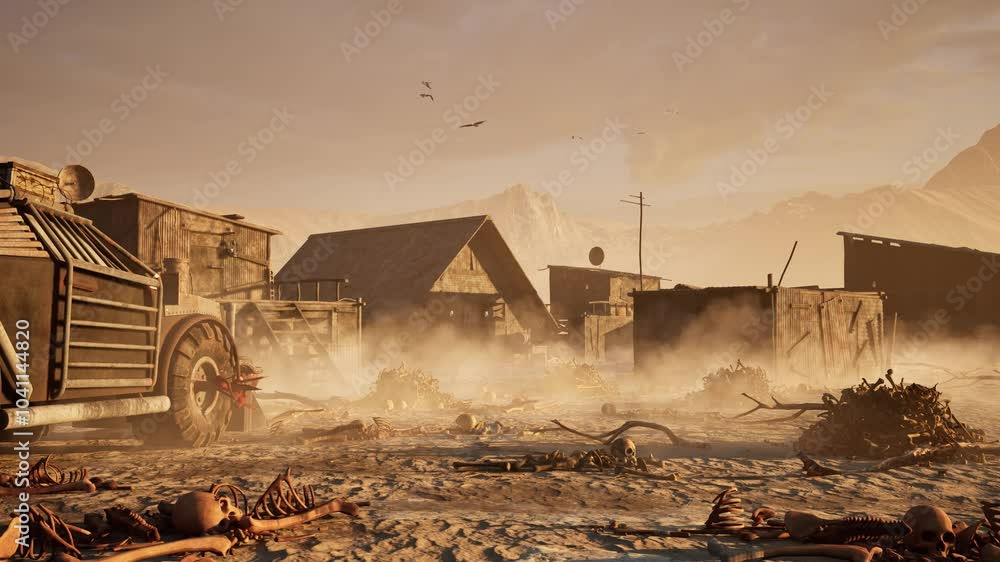 Dystopian post apocalyptic village in a desert arid environment with ...