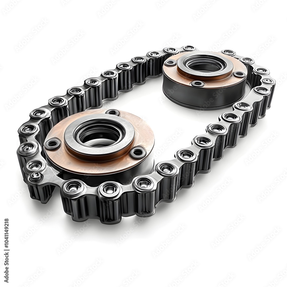 Closeup view of an automotive timing belt with tensioner mechanism on a ...