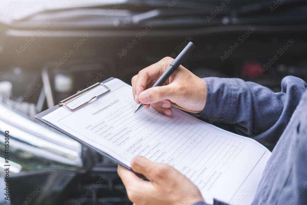 Auto check, car service shop concept. Automobile repairman writing job ...