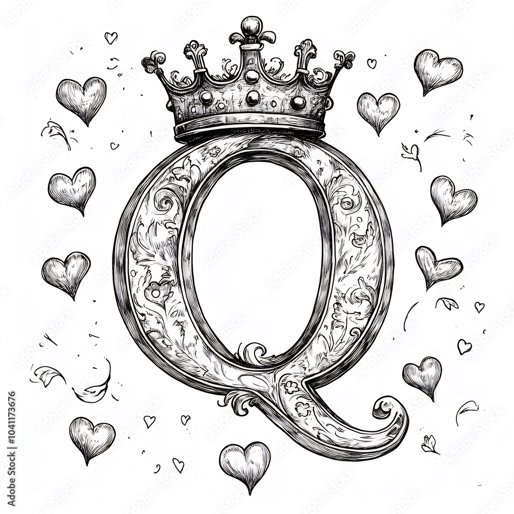 Handdrawn illustration of Q with simple queen crowns and hearts ...