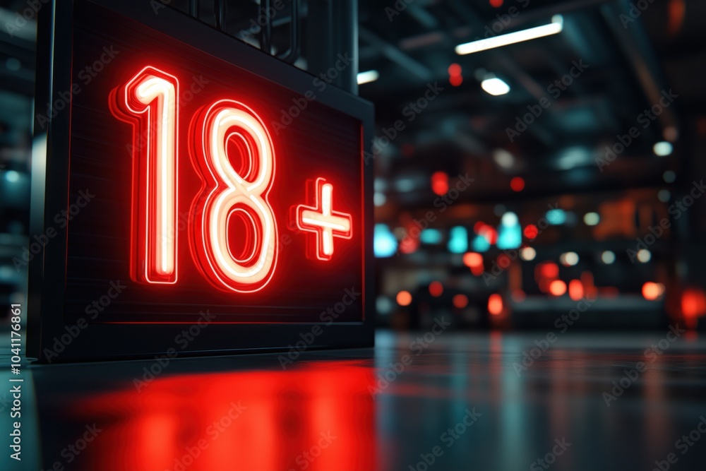 Animated sequence showing a bright red neon "18+" symbol illuminating ...