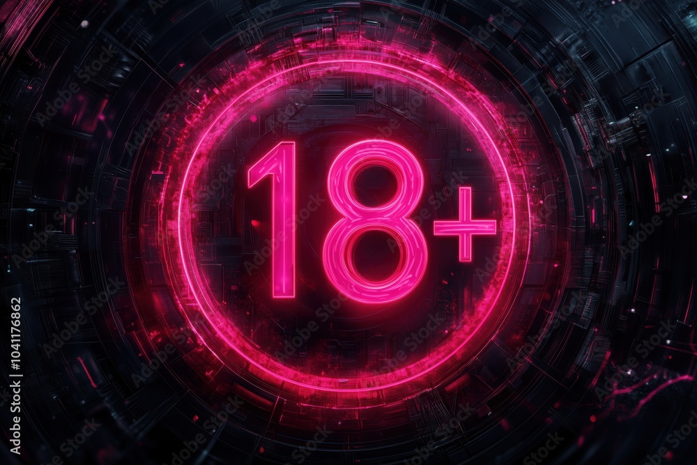 Animated sequence showing a bright red neon "18+" symbol illuminating ...