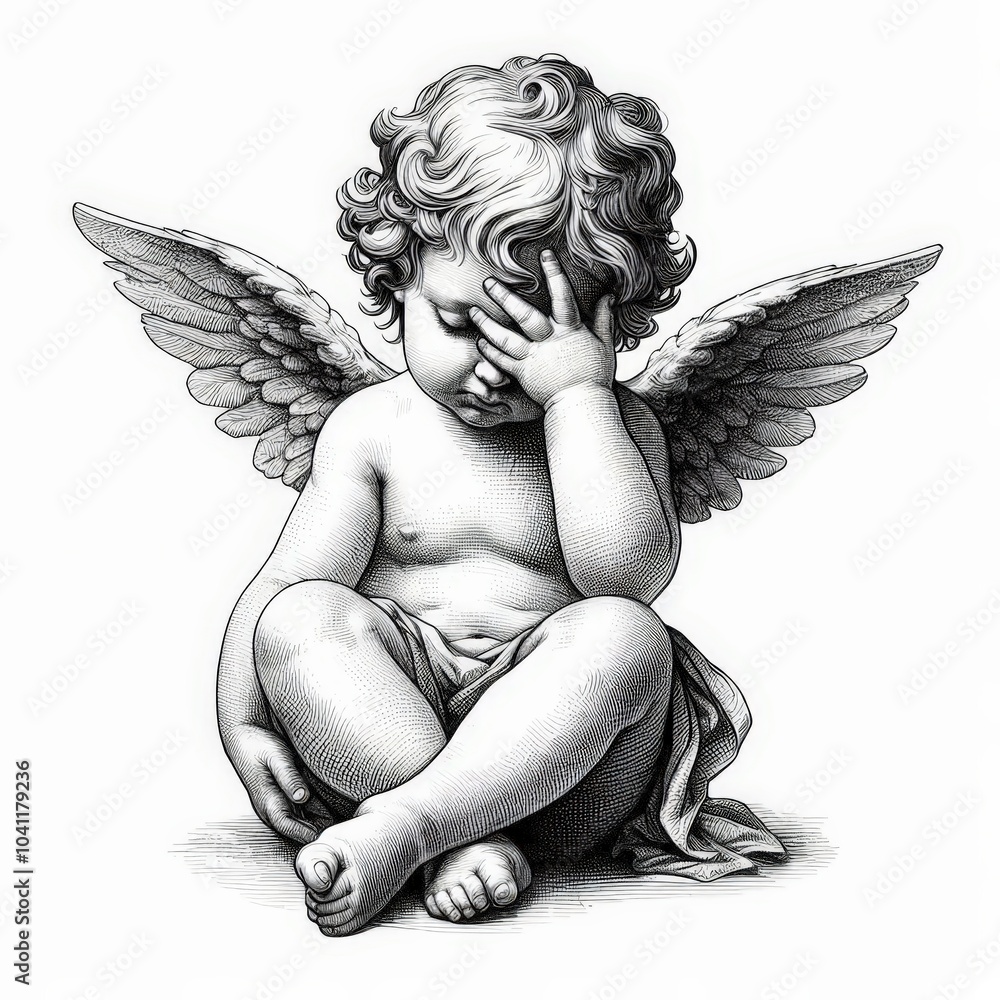 cherub angel sitting with one hand covering its face, expressing ...