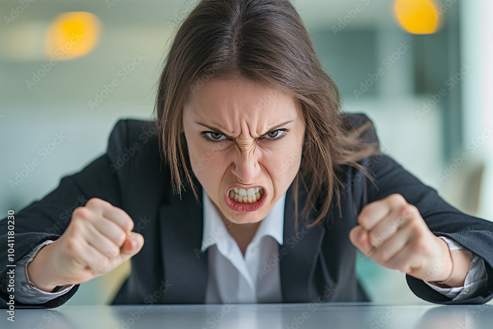 Angry woman in business attire leaning forward with clenched fists ...