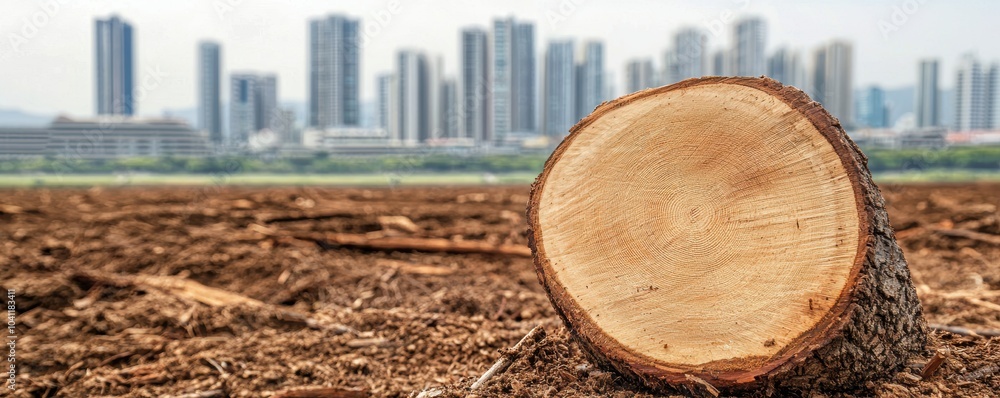 Stump of a cut tree with modern buildings in the distance, illustrating ...