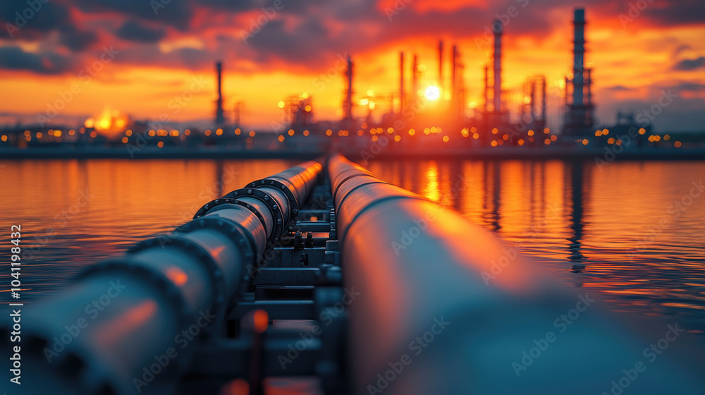 Pipes extend into a calm body of water as a vibrant sunset illuminates ...