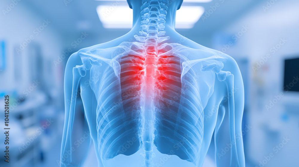 Anatomical illustration of a human spine and ribcage highlighting the ...