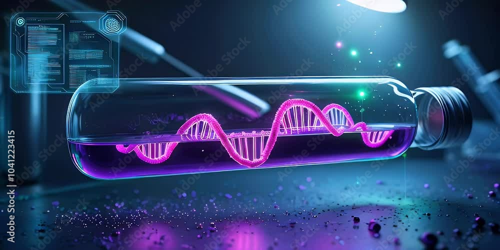 A glowing pink DNA strand floats inside a glass tube filled with purple ...