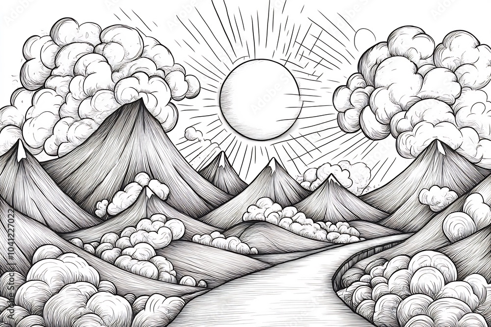Whimsical fantasy coloring page featuring a serene mountain landscape ...
