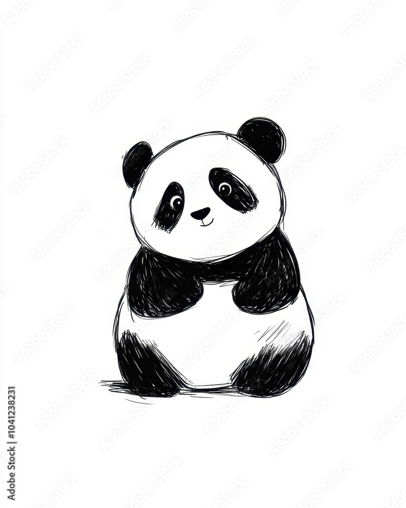 Minimalistic stick figure drawing of a cute panda in black ink on white ...