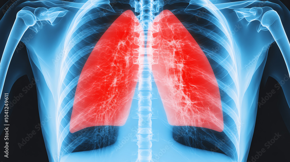 An anatomical illustration of human lungs, highlighted in red against ...