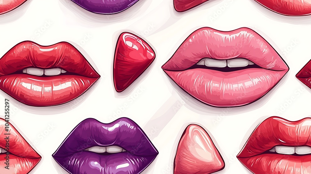 Seamless pattern of lips and kiss marks, various shades of red and pink ...