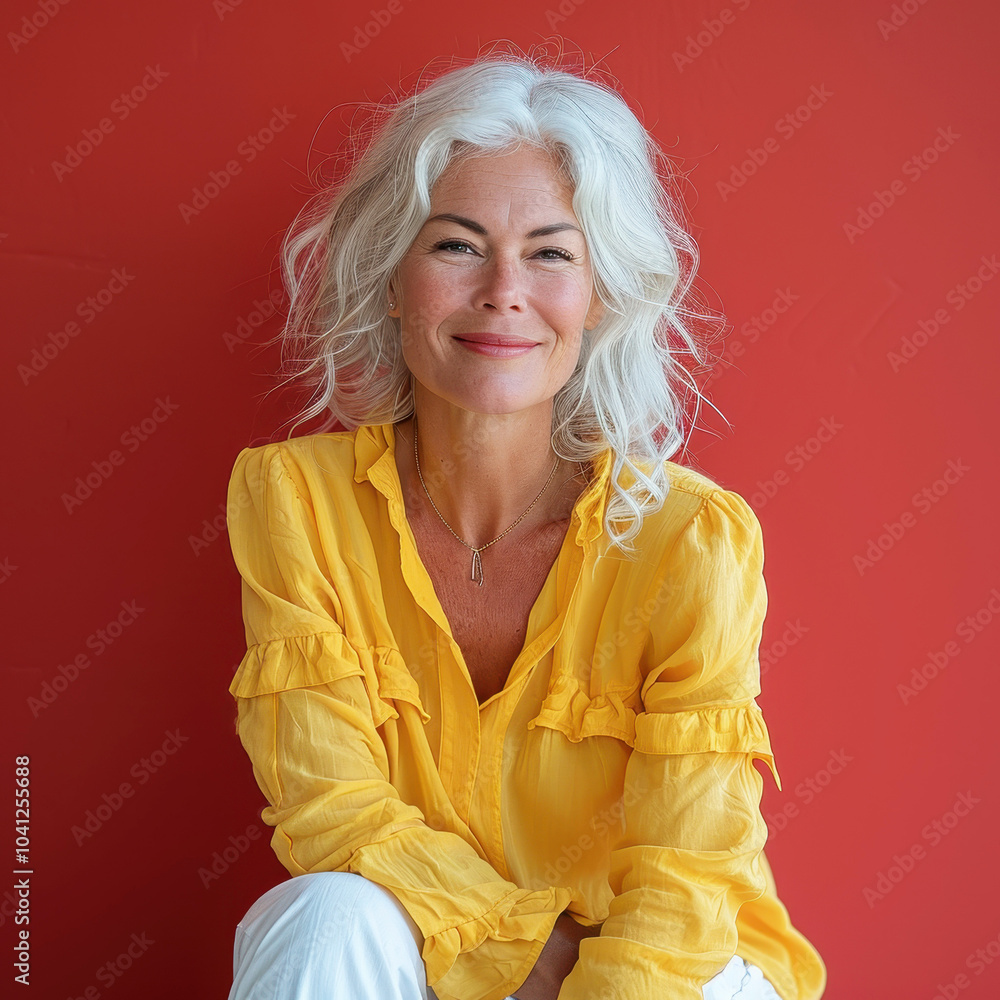 Portrait of a smiling middle-aged transgender woman with white hair ...