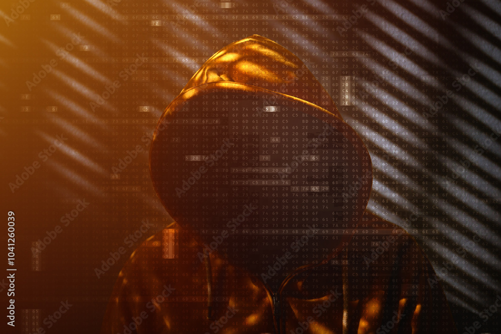 Unrecognizable computer hacker wearing yellow hooded jacket in dark ...