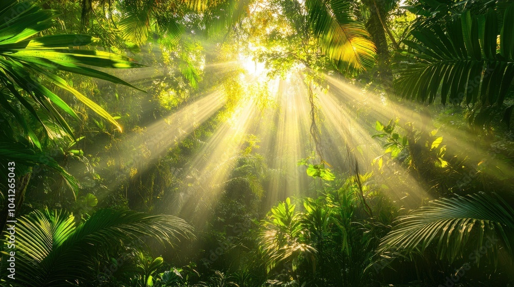 Golden sunbeams streaming through the lush canopy of a tropical ...