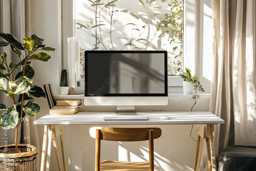 Front view of a blank computer screen on a white desk in a minimal home ...