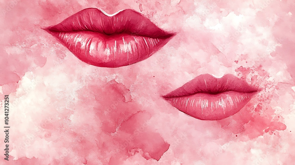 Watercolor pattern of lips and kiss marks, textured paper background ...