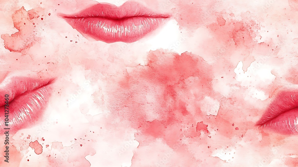 Watercolor pattern of lips and kiss marks, textured paper background ...