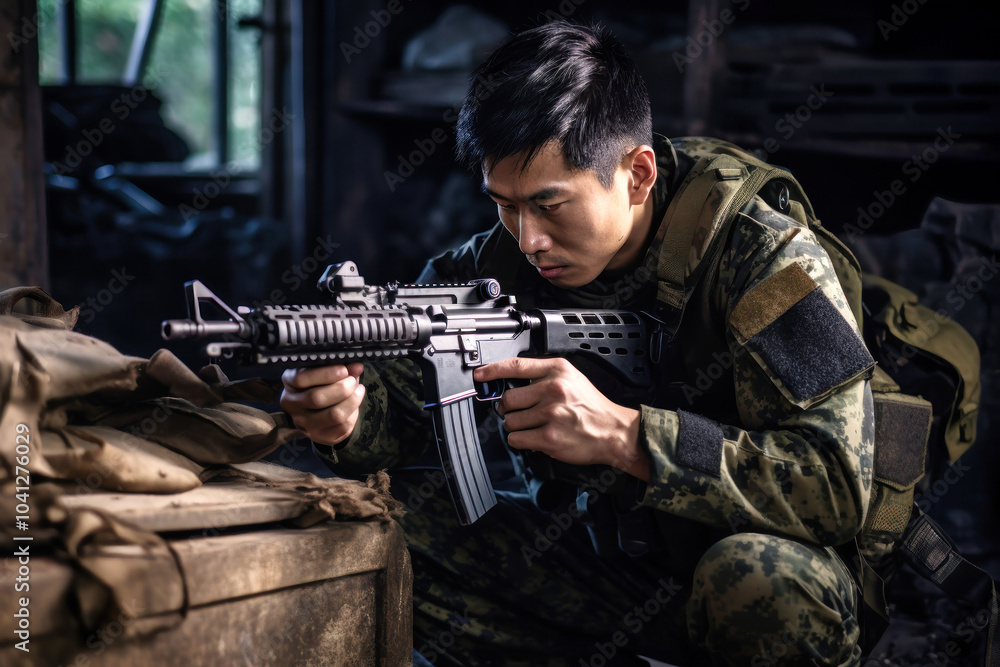 Chinese soldier focuses on weapon maintenance in a military setting ...