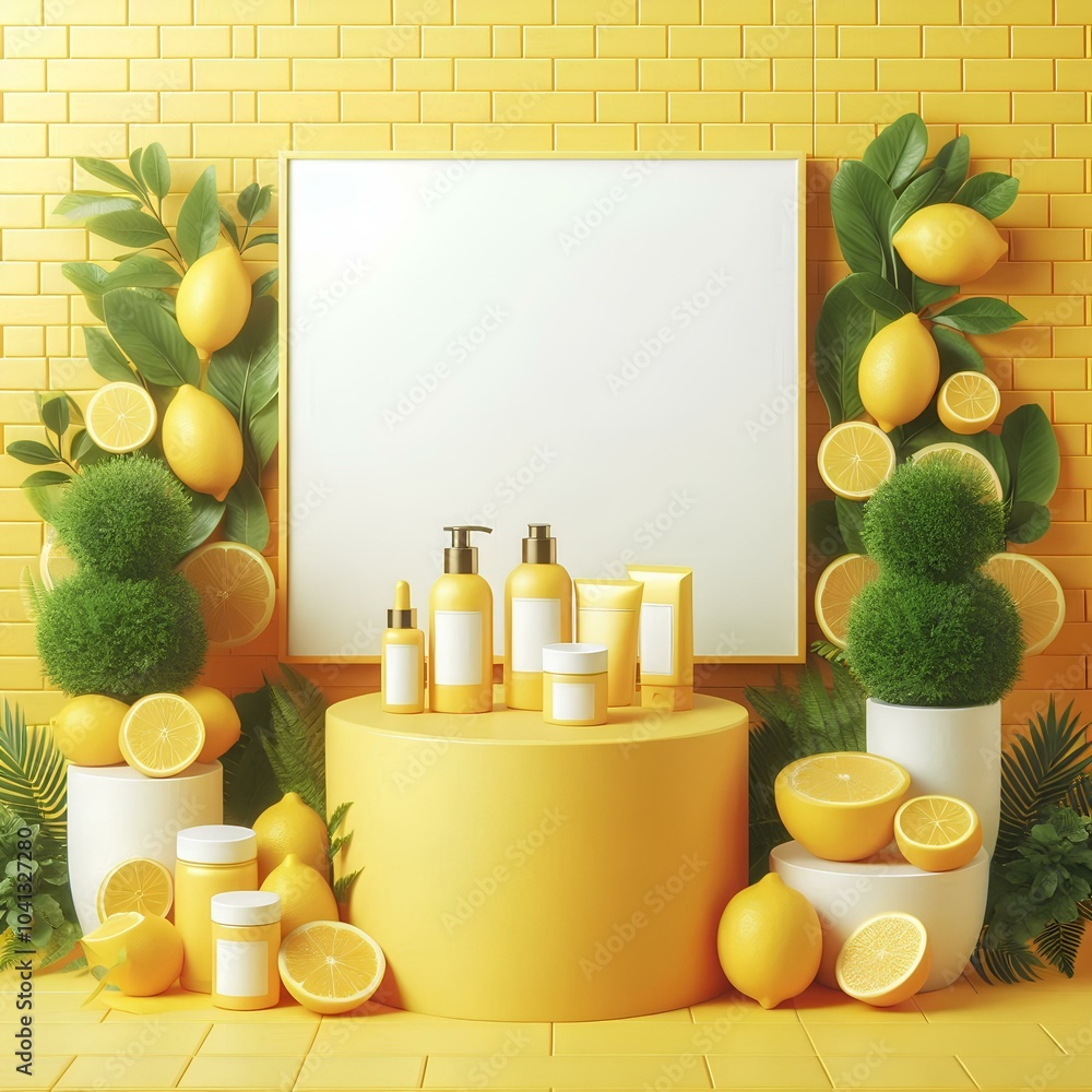 Design a citrus-themed podium product display with a vibrant lemon ...