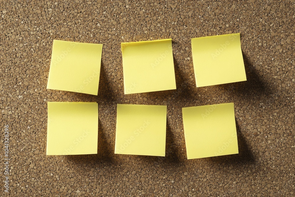 Bright yellow post-it notes pinned on a corkboard, creating an inviting ...