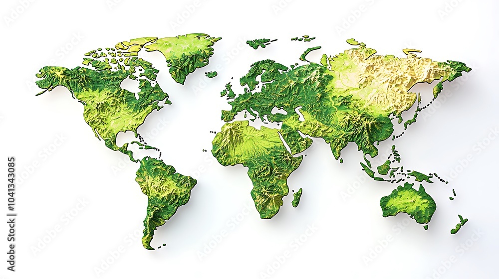 Green World Map: A detailed, textured 3D map of the world in shades of ...