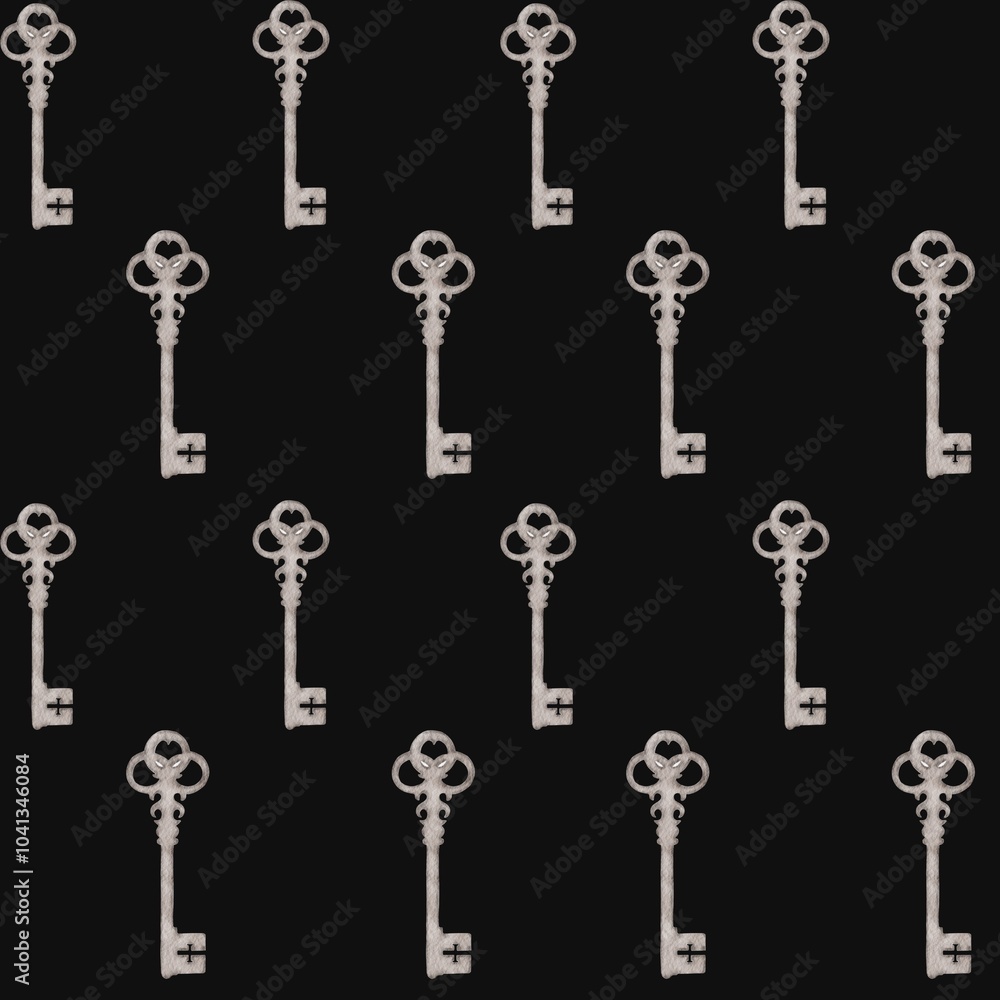 Repeating pattern of vintage keys on a dark background for design ...