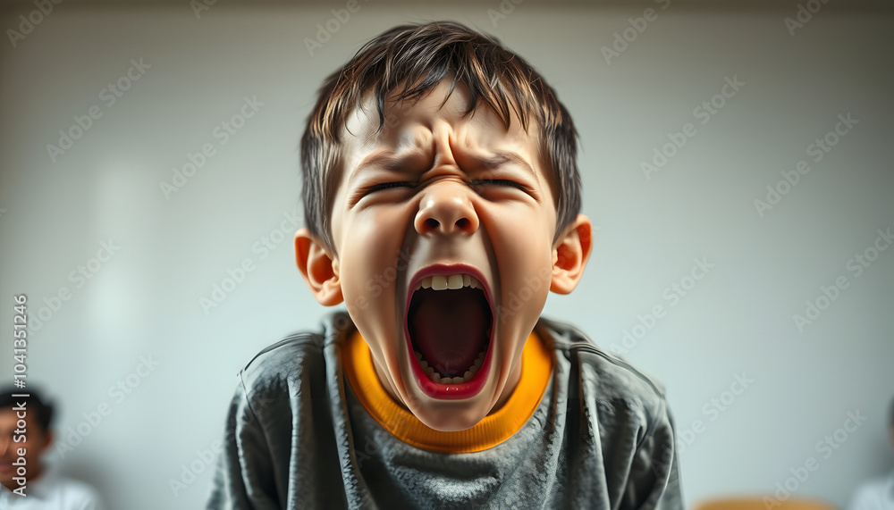 Screaming sad boy with autistic disorder cover ears and scream during ...