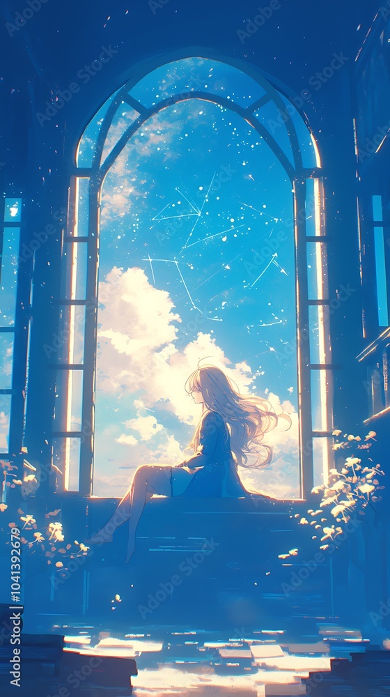 Anime girl sitting by a large open window, staring at a sky filled with ...