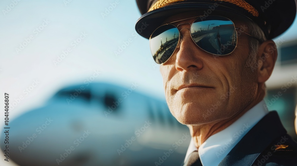 Senior pilot wearing sunglasses and uniform positioned at the airport ...