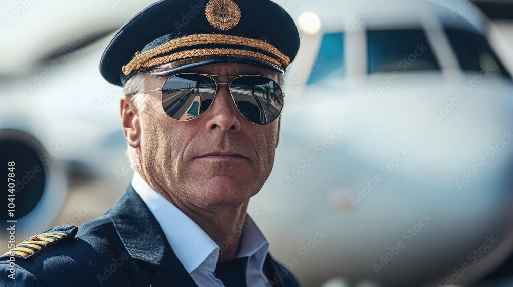 Senior pilot wearing sunglasses and uniform positioned at the airport ...
