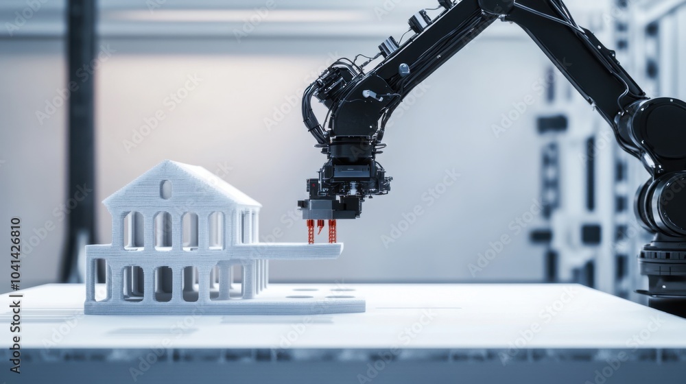 A robot constructing a 3D-printed house on a futuristic construction ...