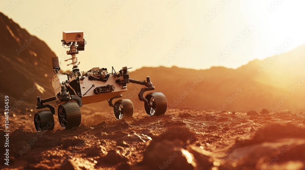A robot explorer analyzing soil samples on Mars, red and barren Martian ...