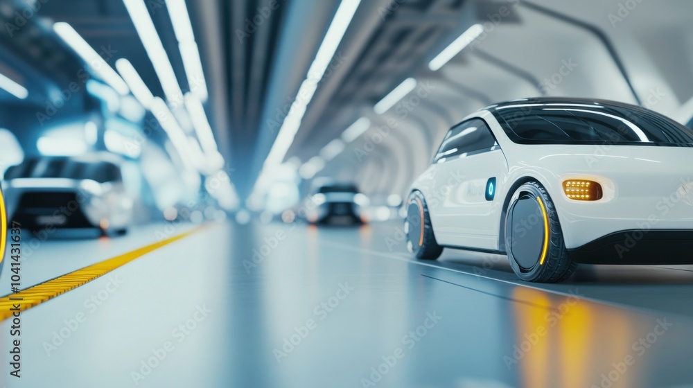 A robot guiding autonomous vehicles in a futuristic transportation hub ...