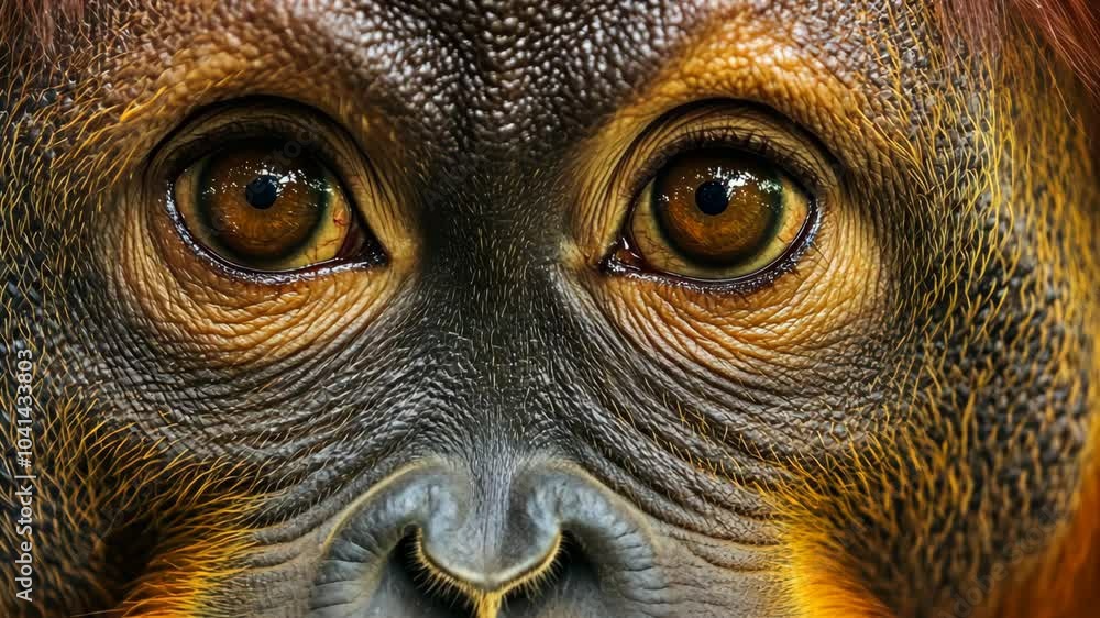 A close-up of an orangutan's face shows its intense brown eyes and ...