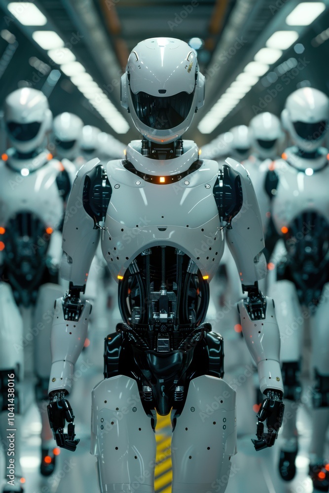rows of AGI humanoid robots, front view, in industrial interior ...