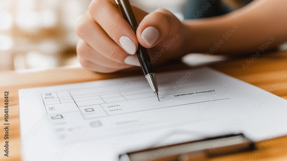 A woman is writing with a pen on a piece of paper. Concept of focus and ...