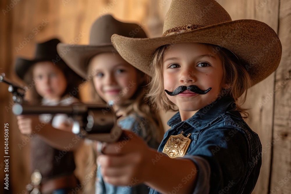 Kids dressed as cowboys pointing toy guns in a playful scene Stock ...